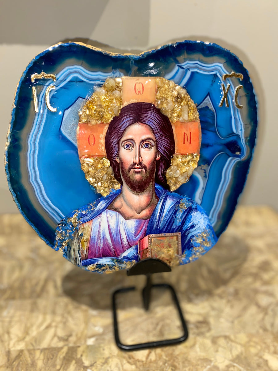 Extra Large natural genuine gemstone slice Jesus Christ religious icon ...